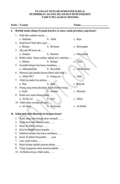 Uts pai kelas ii sd | PDF