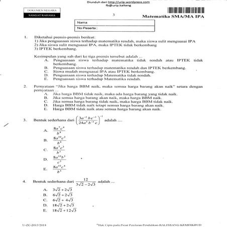 Soal un matematika ipa sma tahun 2014 5 | PDF