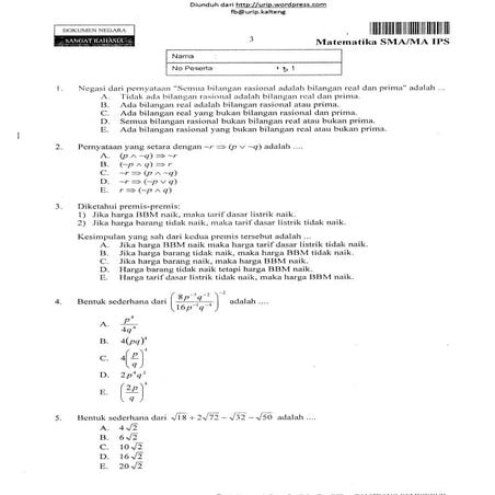 Soal un matematika ips sma tahun 2014 1 | PDF