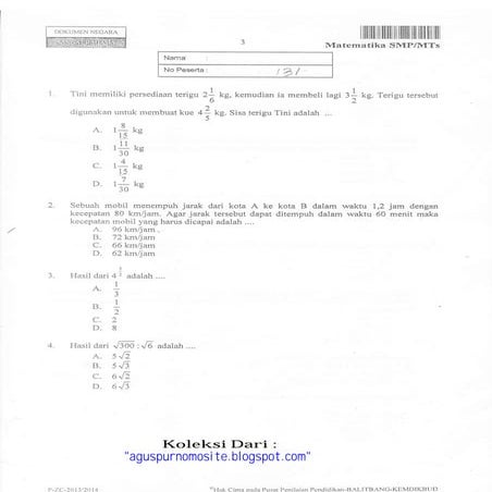 Soal un matematika smp 2014 paket 1 | PDF
