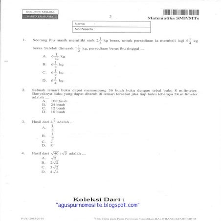 Soal un matematika smp 2014 paket 12 | PDF