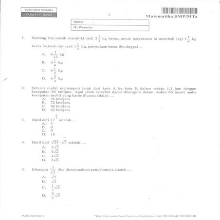 Soal un matematika smp tahun 2014 | PDF