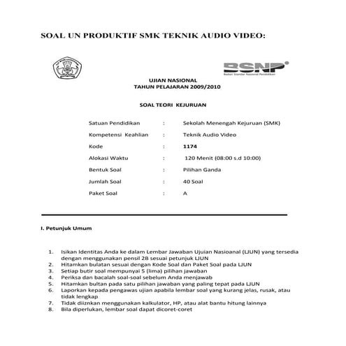 Soal un teori produktif smk teknik audio video | DOC