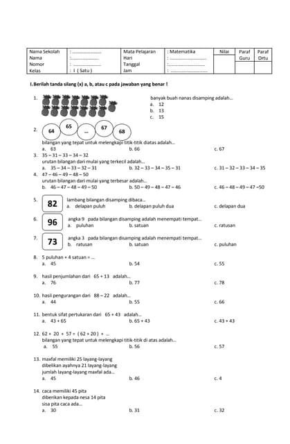 Soal uts genap matematika kelas i semeseter 2 | PDF