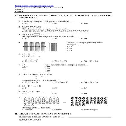 Soal uts genap matematika kelas i semeseter 2 | PDF