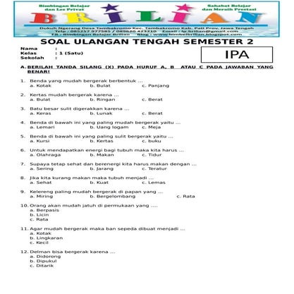Soal uts ipa kelas 1 sd semester 2 | PDF