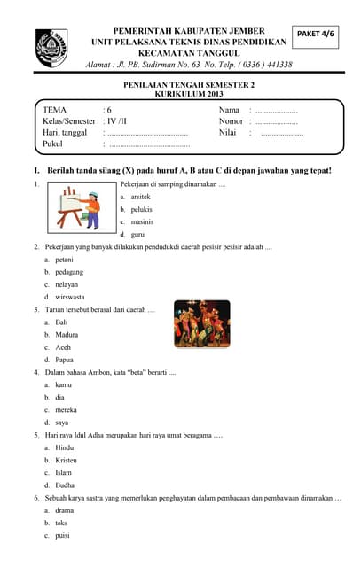 Ulangan harian 1 tema 6 subtema 1 kelas 4 | PDF