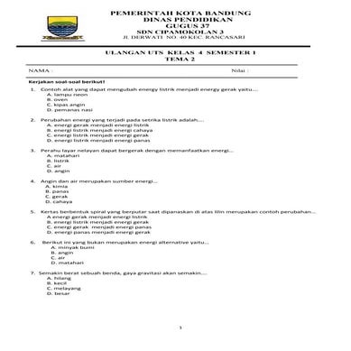 Soal uts kelas 4 smtr 1 tema 2 | DOC