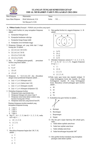 SOAL UAS GANJIL MATEMATIKA SMP KELAS VII 2015/2016 | DOCX