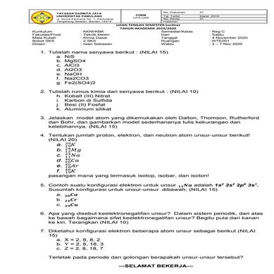Soal uts kimia dasar 4 november 2020 01 tmse001 wte001 reg c compressed | PDF