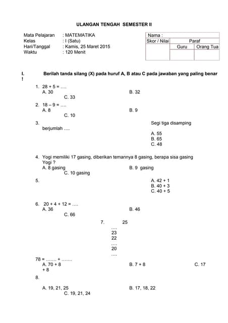 Soal Matematika kelas 3 sd semester 1 | DOCX