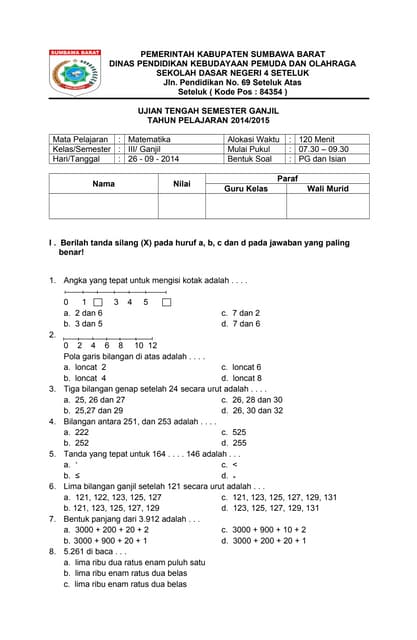 Soal Matematika kelas 3 sd semester 1 | DOCX