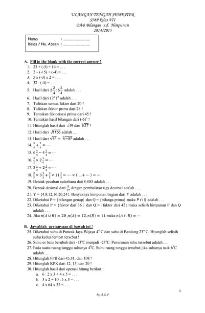 Soal uts matematika kelas 3 semester 1