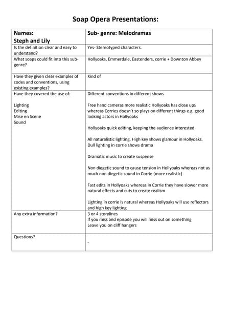 Soap opera presentation checklist 1 | PDF