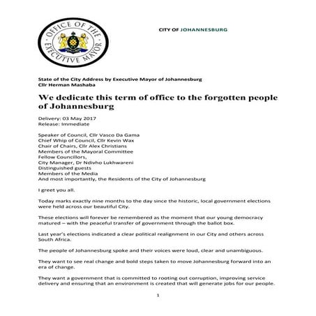 State of the City Address by Executive Mayor of Johannesburg Cllr ...