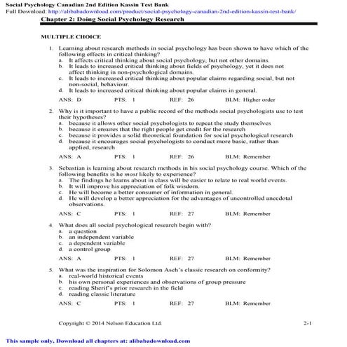 Social Psychology Canadian 2nd Edition Kassin Test Bank | PDF