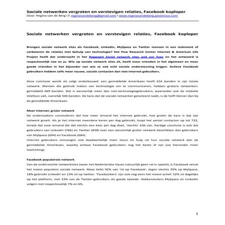 Sociale netwerken vergroten en verstevigen relaties, facebook koploper | PDF
