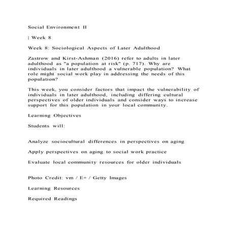 Social Environment II Week 8Week 8 Sociological Aspects of | DOCX