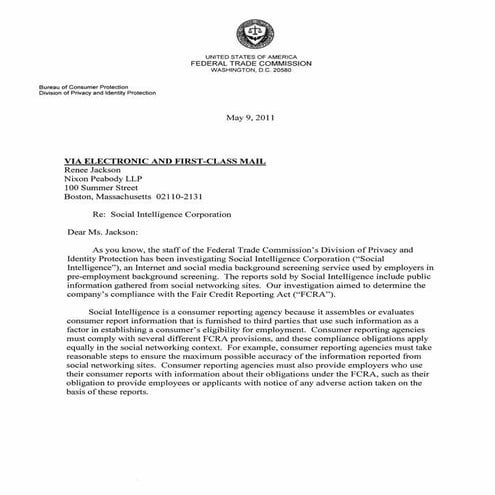 Social Intelligence Corporation - FTC Letter of May 9, 2011 | PDF
