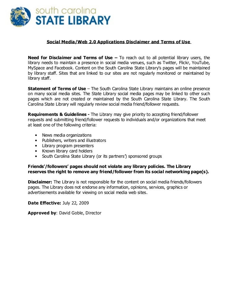 Social Media Disclaimer Terms Of Use