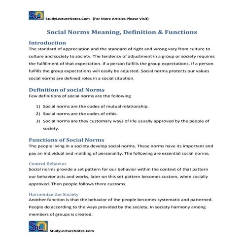 Social Norms Meaning & Functions by studylecturenotes.com