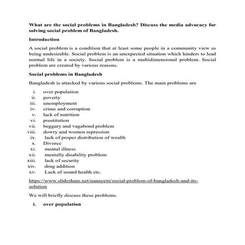 What are the social problems in Bangladesh? Discuss the media advocacy ...