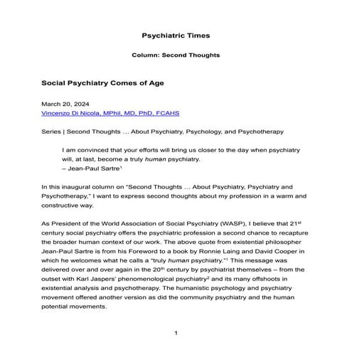 Social Psychiatry Comes of Age - Inaugural Column in Psychiatric Times ...