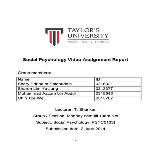 Social psychology video assignment report | DOCX | Video Production ...