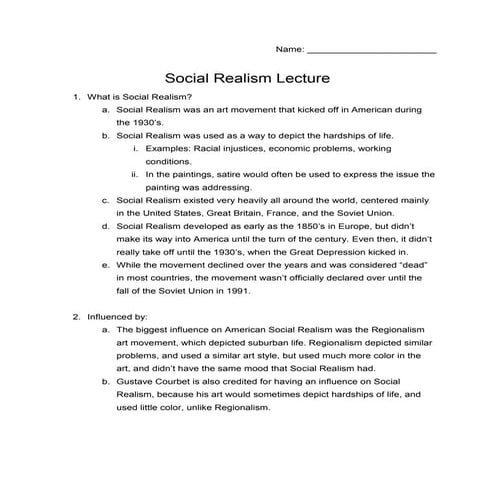 Social Realism Worksheet | DOCX | Modern Art | Fine Art