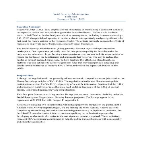Social Security Administration Regulatory Reform Plan August 2011 | PDF