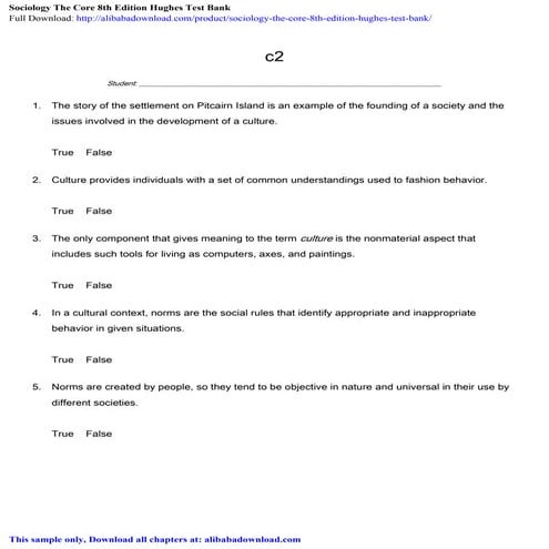 Sociology The Core 8th Edition Hughes Test Bank | PDF