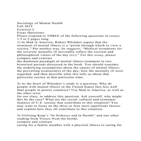 Sociology of Mental Health Fall 2015 Exercise 2 Essay Ques.docx