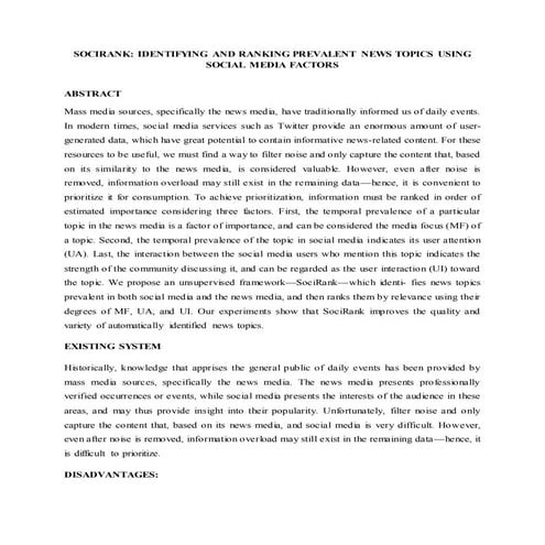 SOCIRANK: IDENTIFYING AND RANKING PREVALENT NEWS TOPICS USING SOCIAL ...