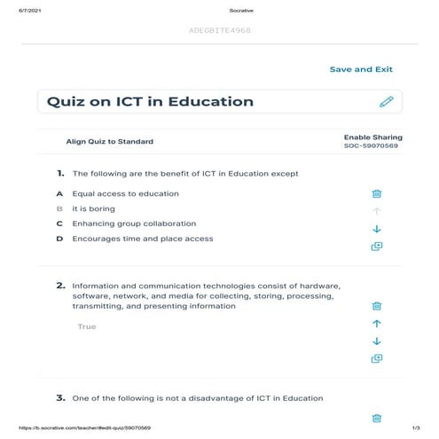Quiz on Concept of ICT in Education | PDF