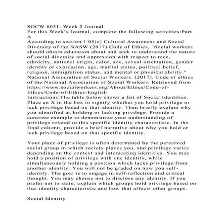 SOCW 6051 Week 2 JournalFor this Week’s Journal, complete the fol.docx