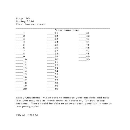 Socy 100Spring 2016Final Answer sheet ________________________.docx