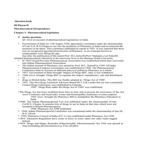 Pharm.D 3rd year jurisprudence question bank | PPTX