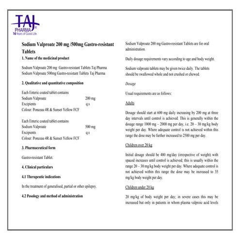 Sodium valproate GR Tablets Taj Pharma SmPC | PPT