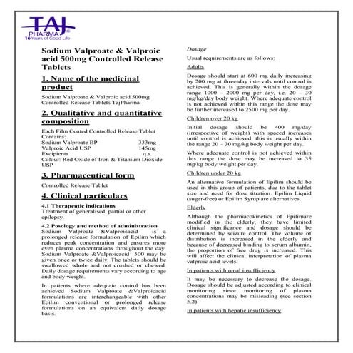 Sodium Valproate & Valproic Acid CR Tablets 500mg Taj Pharma SmPC | PDF