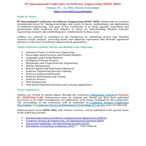 CFP: 11th International Conference on Software Engineering (SOFE 2025 ...