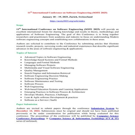 CFP: 11th International Conference on Software Engineering (SOFE 2025) | PDF