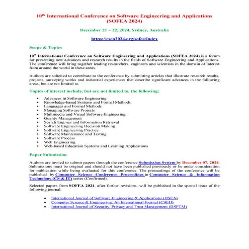 10th International Conference on Software Engineering and Applications (SOFEA 2024) | PDF