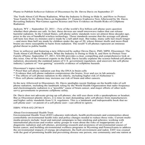 Plume to Publish Softcover Edition of Disconnect by Dr. Devra Davis on ...