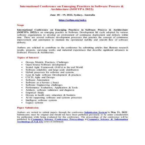International Conference on Emerging Practices in Software Process & Architecture (SOFTPA 2022 ...