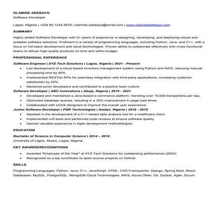 Software Developer - Fully Editable ATS Resume Template.docx