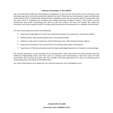 Software Developer In Test Sdet Pdf Programming Languages Computing