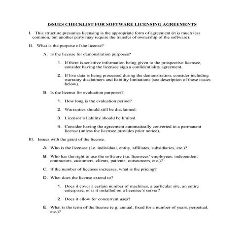 Software Licensing Issues Checklist | DOC