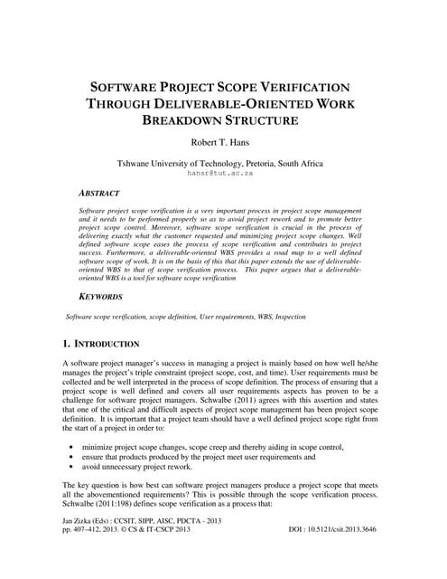 WORK BREAKDOWN STRUCTURE: A TOOL FOR SOFTWARE PROJECT SCOPE VERIFICATION | PDF