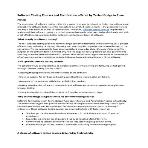 Software Testing Courses and Certification offered by TechnoBridge in Pune