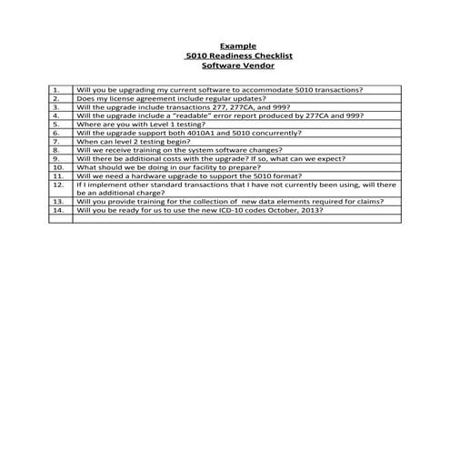 Software vendor 5010 checklist | DOC